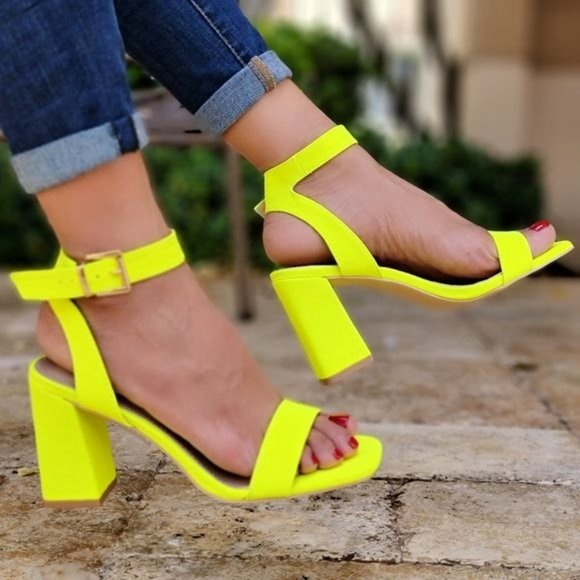 Shoes | Neon Yellow Ankle Strap Open Toe Low Block Heel Sandal | Poshmark